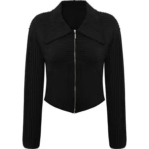 PCFG Fitted Knit Cardigan With Collar And Zip Closure - Black