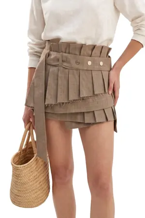 PCFG Linen Blend Pleated Mini Skirt With Belt - Beige