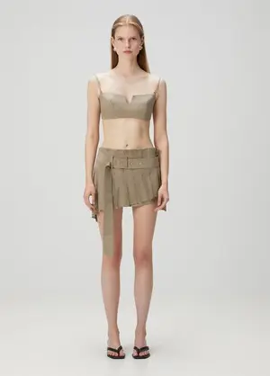 PCFG Linen Blend Pleated Mini Skirt With Belt - Beige