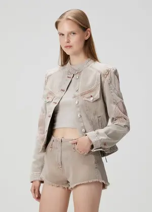 PCFG Pure Cotton Faded Motorcycle Jacket - Beige
