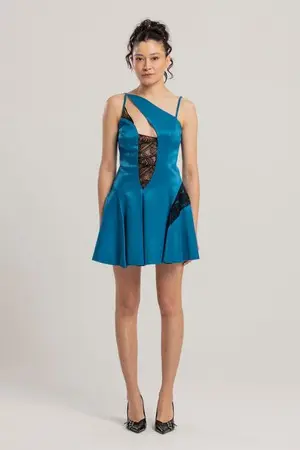 PCFG Asymmetrical Lace Detail Mini Dress - Blue