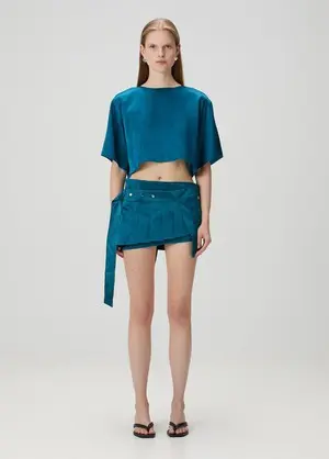 PCFG Pure Silk Asymmetrical Pleated Mini Skirt - Blue