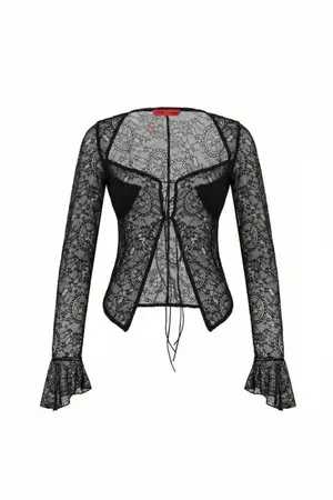 PCFG Long Sleeve Lace Top With Tie Detail - Black