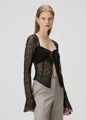 PCFG Long Sleeve Lace Top With Tie Detail