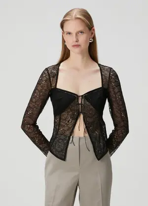 PCFG Long Sleeve Lace Top With Tie Detail