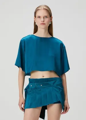 PCFG Pure Silk Oversized Crop Top - Blue Moroccon Blue