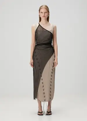 PCFG Asymmetrical Tulle Overlay Dress - Beige