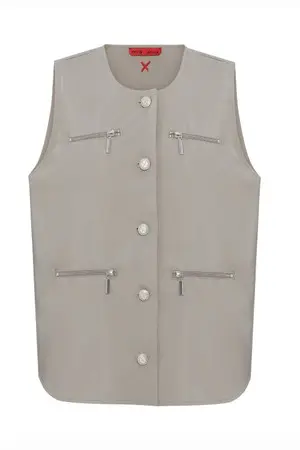 PCFG Cotton Woven Vest With Zip Detail - Beige