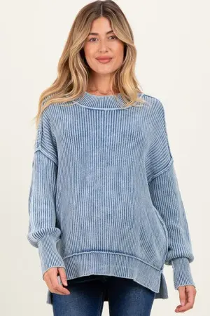 PINKBLUSH Washed Side Slit Oversized Ribbed Knit Sweater - Blue