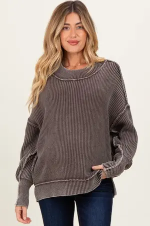 PINKBLUSH Washed Side Slit Oversized Sweater - Brown