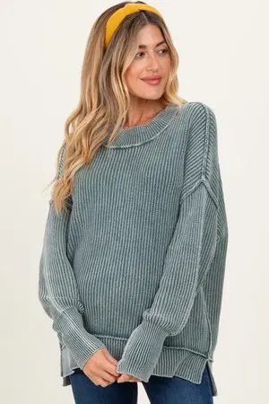 PINKBLUSH Washed Side Slit Oversized Ribbed Knit Sweater - Jade