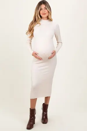 PINKBLUSH Mock Neck Ribbed Sweater Dress - Beige