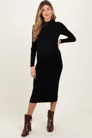PINKBLUSH Ribbed Mock Neck Sweater Dress - Black