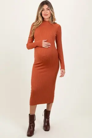 PINKBLUSH Ribbed Mock Neck Sweater Dress - Rust