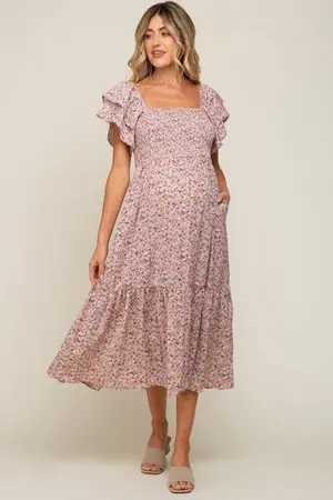 PINKBLUSH Floral Flutter Sleeve Midi Maternity Dress - Light Pink