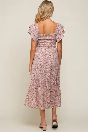 PINKBLUSH Floral Flutter Sleeve Midi Maternity Dress - Light Pink