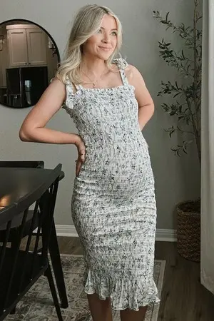 PINKBLUSH Floral Smocked Fitted Maternity Dress - Cream