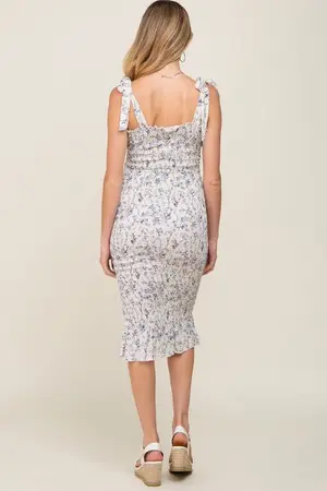 PINKBLUSH Floral Smocked Fitted Maternity Dress - Cream