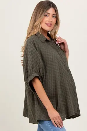 PINKBLUSH Checker Print Short Sleeve Blouse - Olive Green