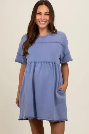 PINKBLUSH Raw Hem Short Sleeve Dress - Blue