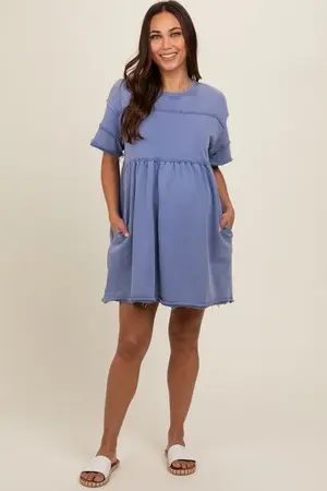 PINKBLUSH Raw Hem Short Sleeve Dress - Blue