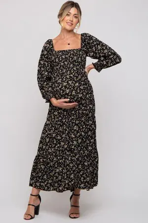 PINKBLUSH Floral Smocked Long Sleeve Maxi Dress - Black