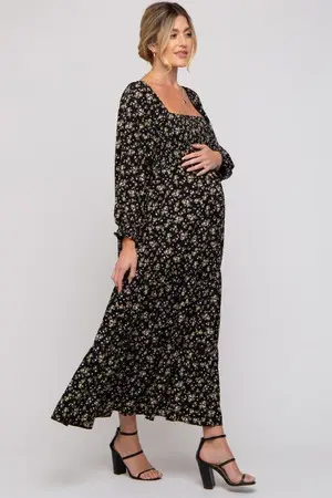 PINKBLUSH Floral Smocked Long Sleeve Maxi Dress - Black