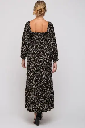PINKBLUSH Floral Smocked Long Sleeve Maxi Dress - Black