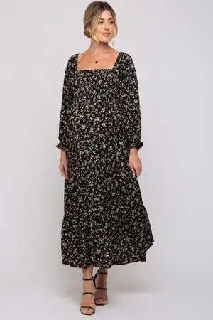 PINKBLUSH Floral Smocked Long Sleeve Maxi Dress - Black