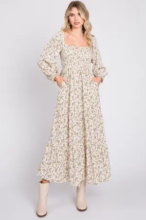 PINKBLUSH Floral Smocked Long Sleeve Maxi Dress - Cream