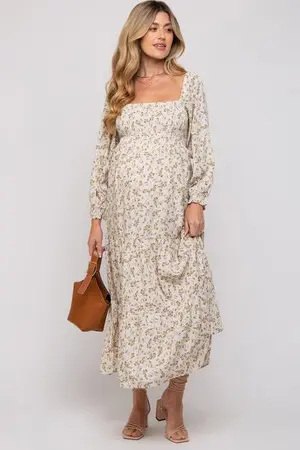 PINKBLUSH Floral Smocked Long Sleeve Maxi Dress - Cream