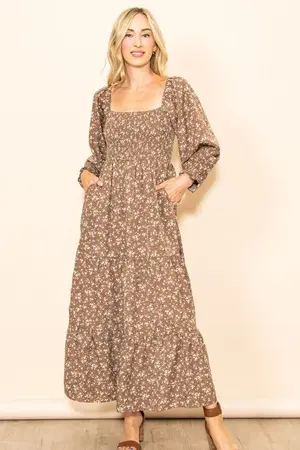 PINKBLUSH Floral Smocked Long Sleeve Maxi Dress - Mocha