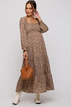 PINKBLUSH Floral Smocked Long Sleeve Maxi Dress - Mocha