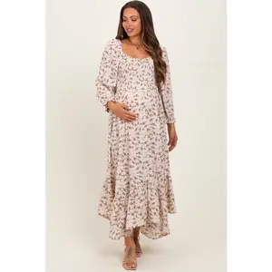 PINKBLUSH Floral Smocked Handkerchief Hem Maxi Dress - Ivory