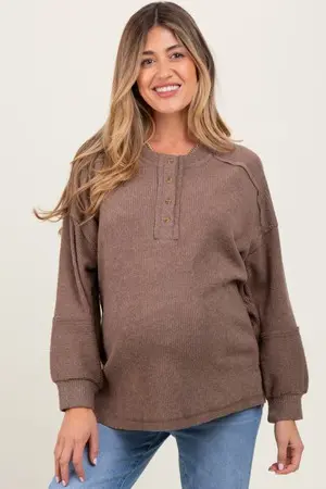 PINKBLUSH Oversized Ribbed Knit Henley Sweater - Mocha