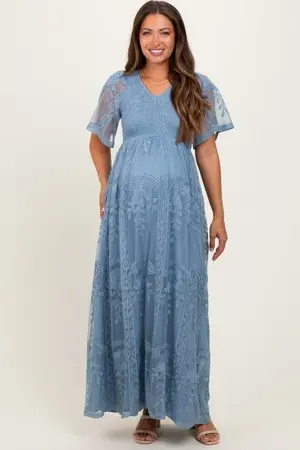 PINKBLUSH Smocked Top Lace Maxi Dress - Blue