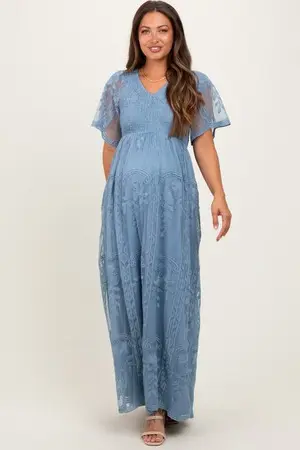 PINKBLUSH Smocked Top Lace Maxi Dress - Blue