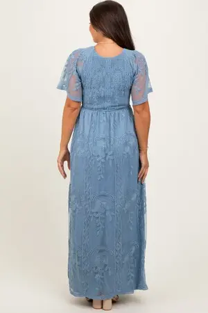 PINKBLUSH Smocked Top Lace Maxi Dress - Blue