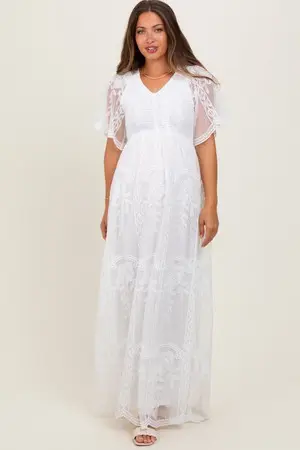 PINKBLUSH Smocked Lace Maternity Maxi Dress - White