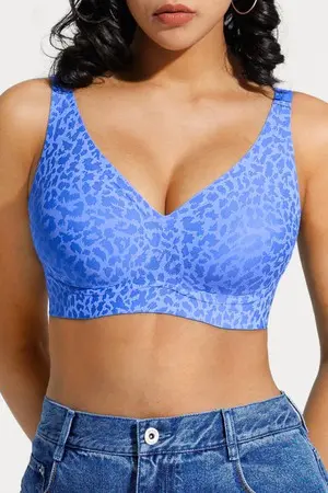 POPILUSH Seamless Wireless Jelly Leopard Contour Minimizer Support Bra - Blue Leopard