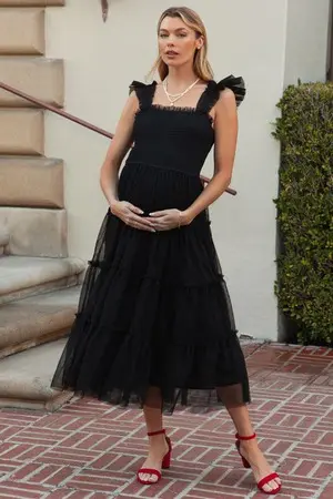 PINKBLUSH Smocked Mesh Ruffle Accent Midi Dress - Black