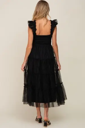 PINKBLUSH Smocked Mesh Ruffle Accent Midi Dress - Black
