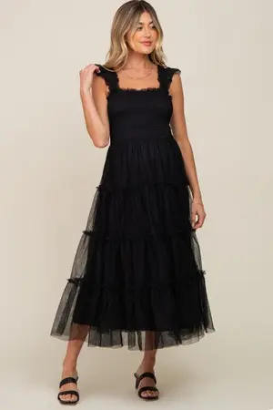 PINKBLUSH Smocked Mesh Ruffle Accent Midi Dress - Black