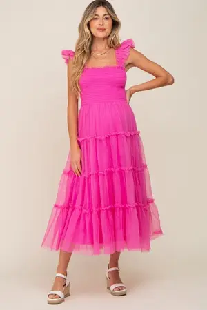 PINKBLUSH Smocked Mesh Ruffle Accent Midi Dress - Fuschia