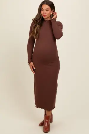 PINKBLUSH Ruffle Mock Neck Long Sleeve Midi Dress