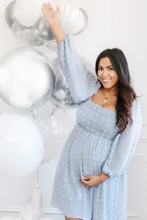 PINKBLUSH Textured Dot Smocked Square Neck Chiffon Dress - Light Blue