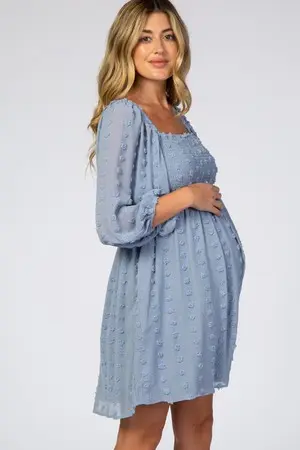 PINKBLUSH Textured Dot Smocked Square Neck Chiffon Dress - Light Blue