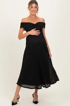 PINKBLUSH Shimmer Off-shoulder Pleated Midi Dress - Black