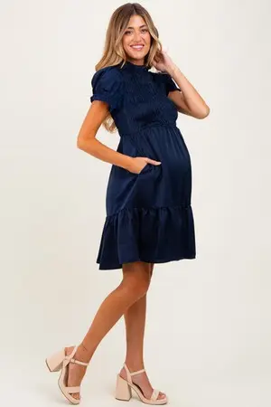 PINKBLUSH Satin Smocked Mock Neck Maternity Dress