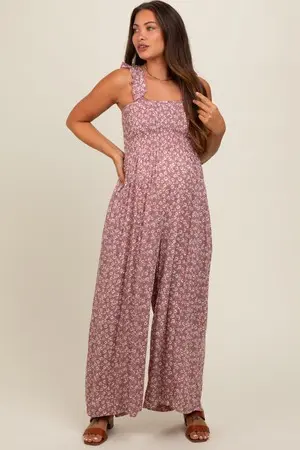 PINKBLUSH Floral Print Wide Leg Maternity Jumpsuit - Mauve